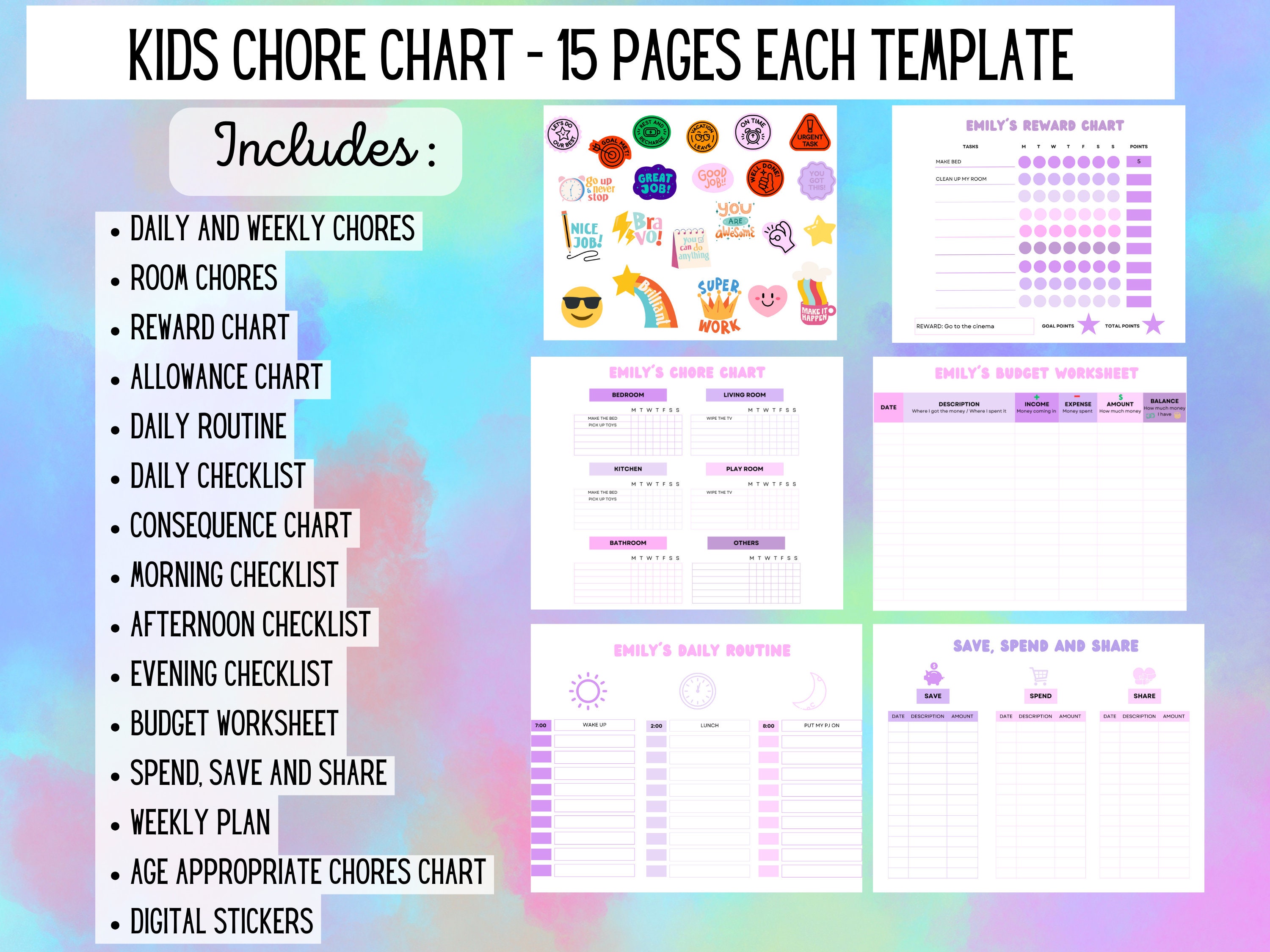 Editable Kid's Chore Chart, Chore Chart Bundle, Kids Financial Chart ...