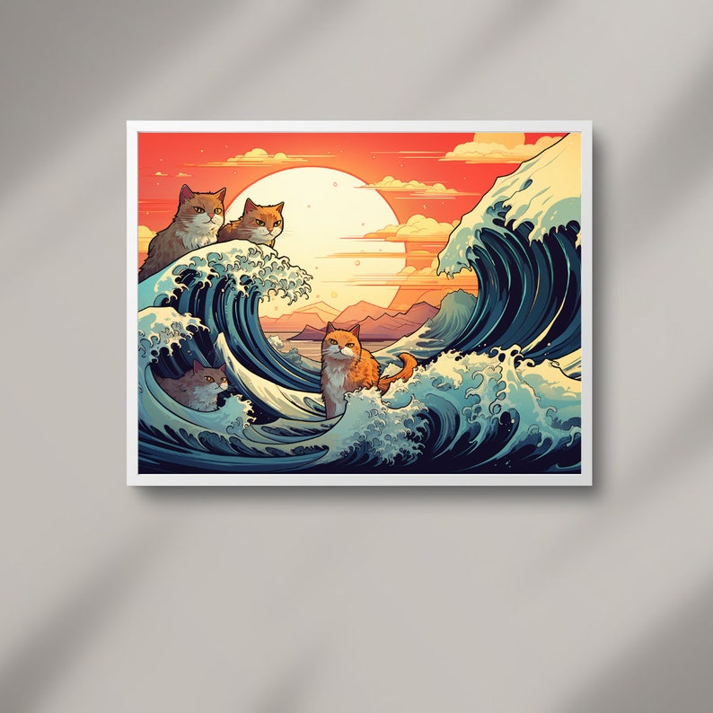 The Great Wave- Parody of Hokusai's Painting With Cats, Japanese Art ...