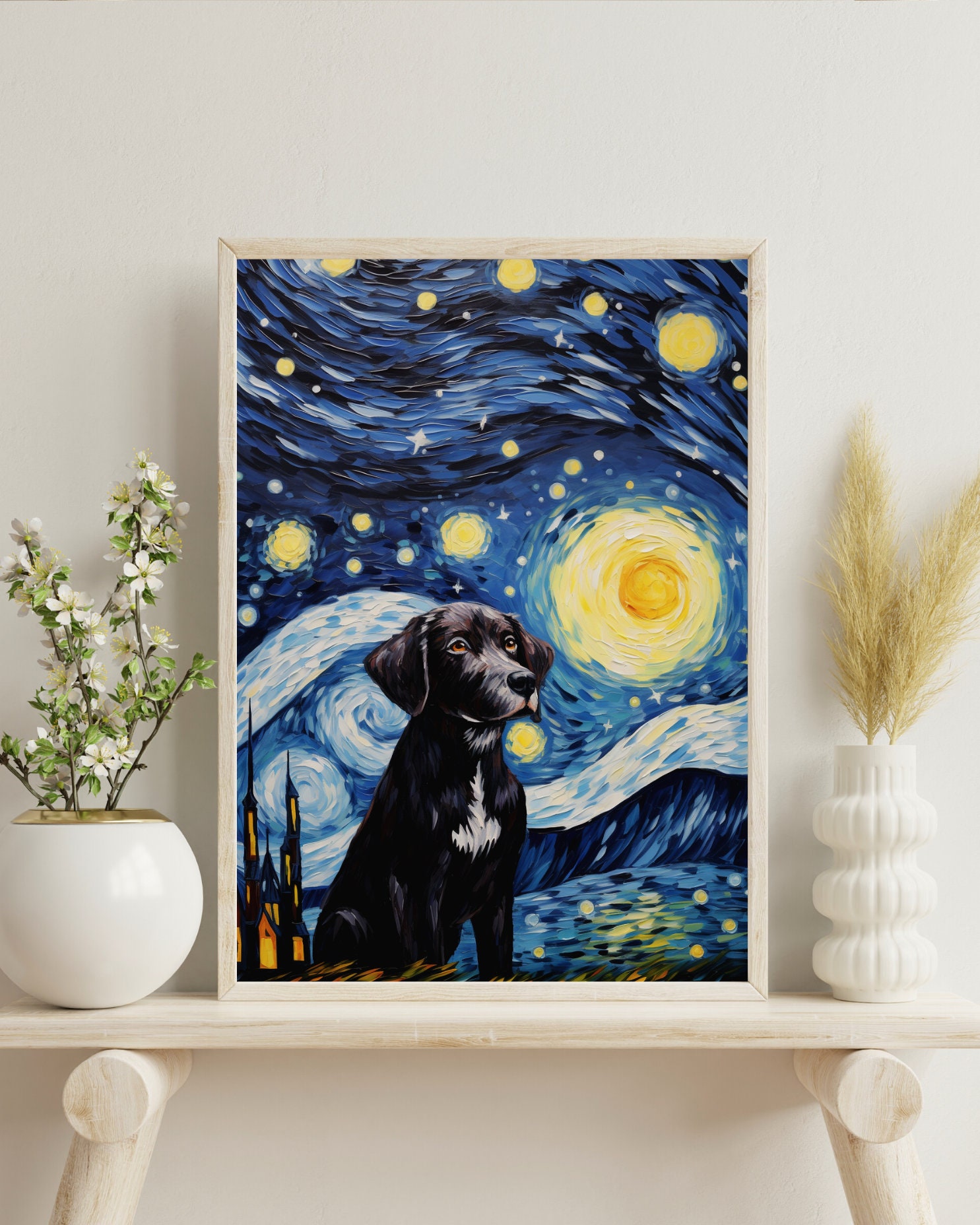 Starry Night Print Parody of Vincent Van Gogh's Painting With Dog, High ...