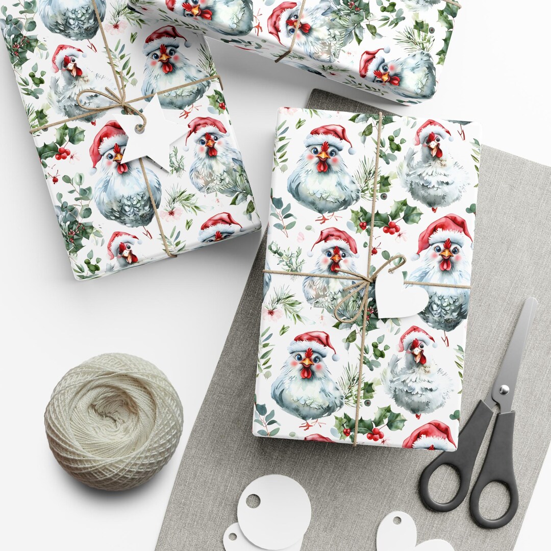 Wrapping Paper, Farmhouse Chicken Gift Wrap, Christmas Santa Hat Design ...