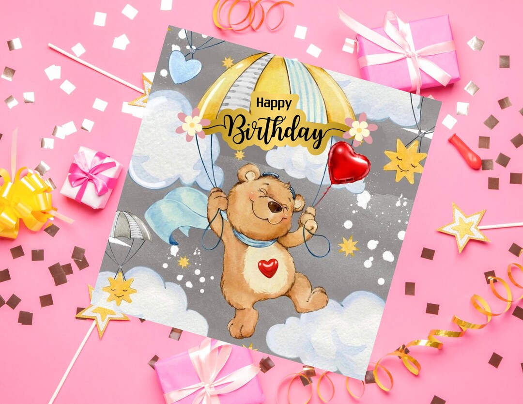 Happy Birthday Card With Cute Bear, Greeting Card, Birthday Card, Card ...