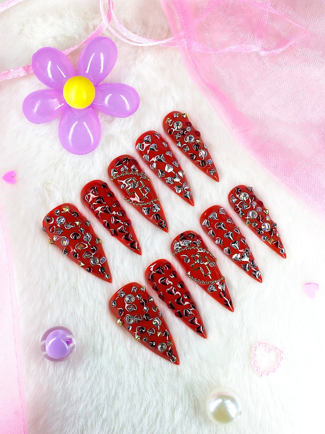 Red Press on Nails Red Glitter Nails With Rhinestones and Chain Fake ...
