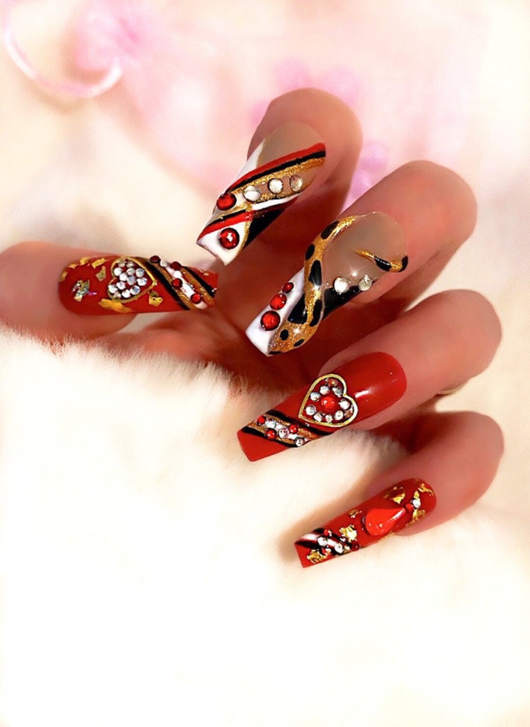 Beautiful Glitter Red Nails Shiny Nails With Rhinestones - Etsy