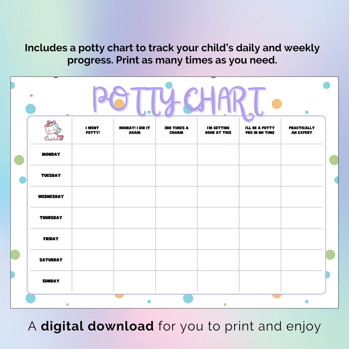 Printable Potty Training Chart, Kids Potty Rewards Chart, Unicorn Potty ...