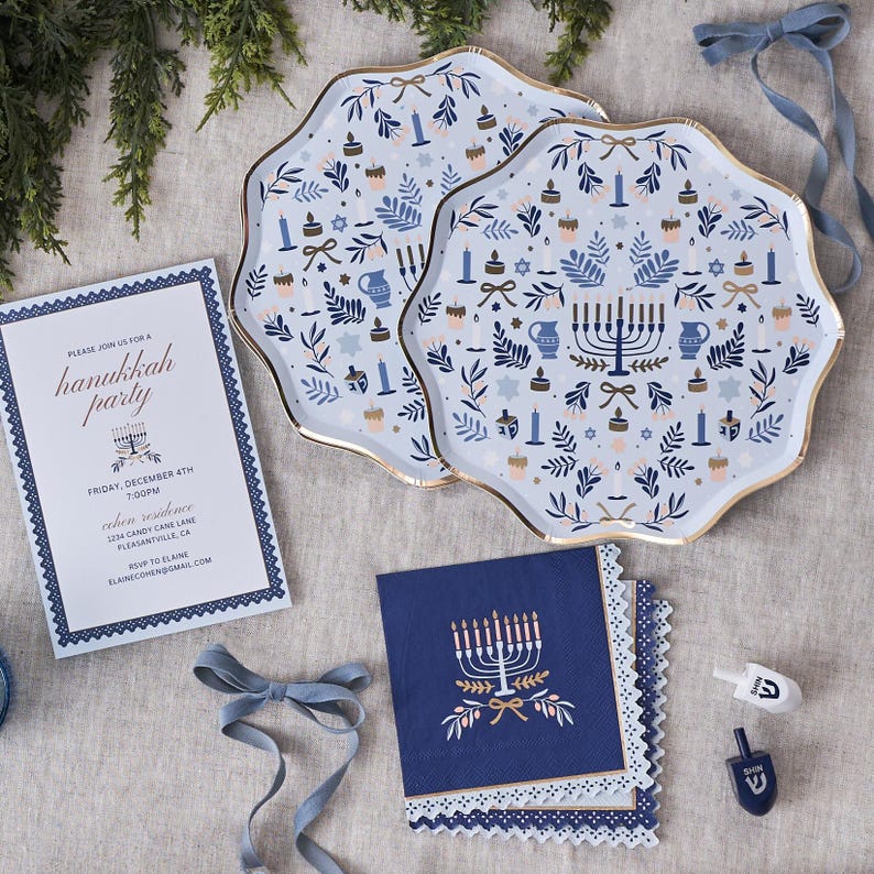 Modern Hanukkah Paper Plates - Blue & Gold Hanukkah Party Plates ...