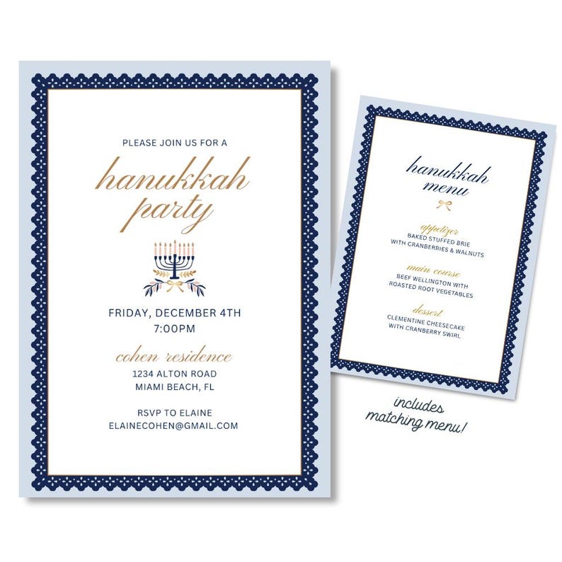 Modern Hanukkah Party Invitation - Customizable Invite & Menu Template ...