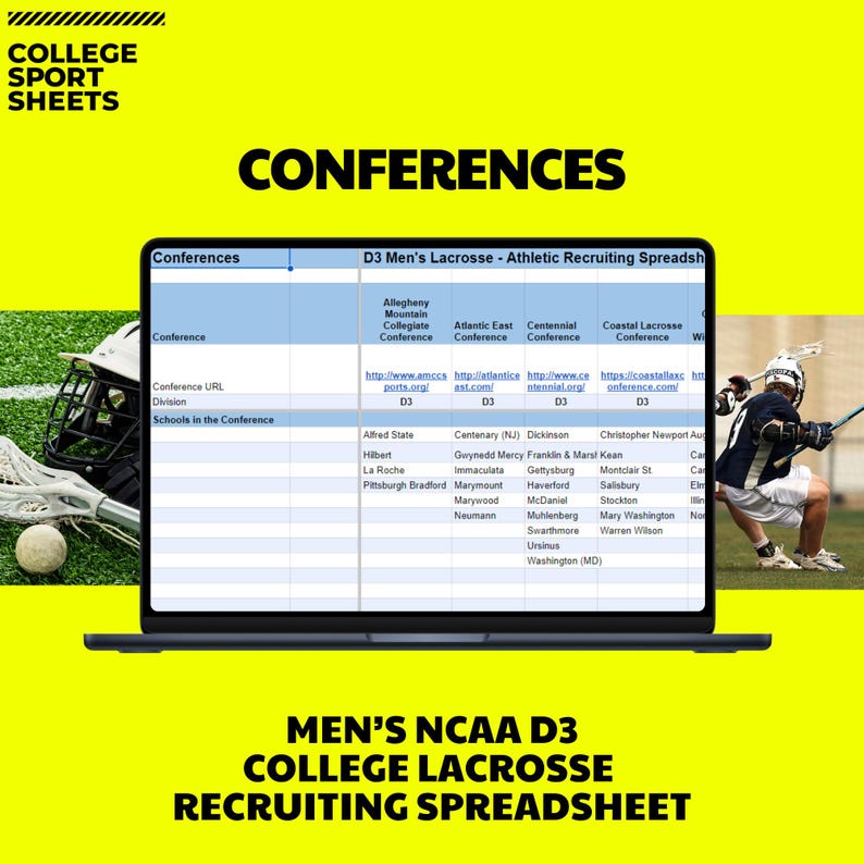 D3 Men’s Lacrosse College Athlete Sports Recruit Spreadsheet With All ...