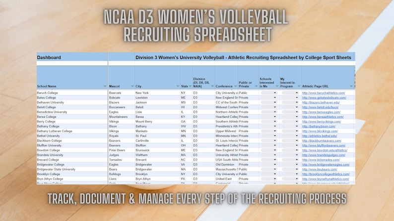 NCAA D3 Womens Volleyball College Athlete Sports Recruit Spreadsheet ...