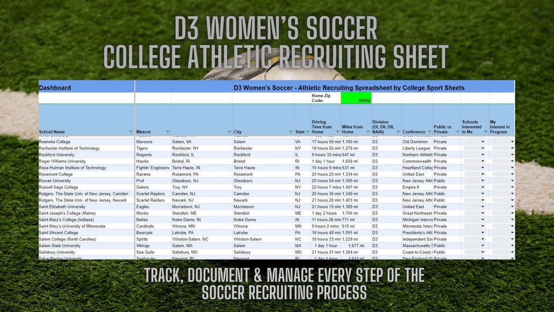 D3 Womens Soccer College Athlete Sports Recruit Spreadsheet With 429 ...