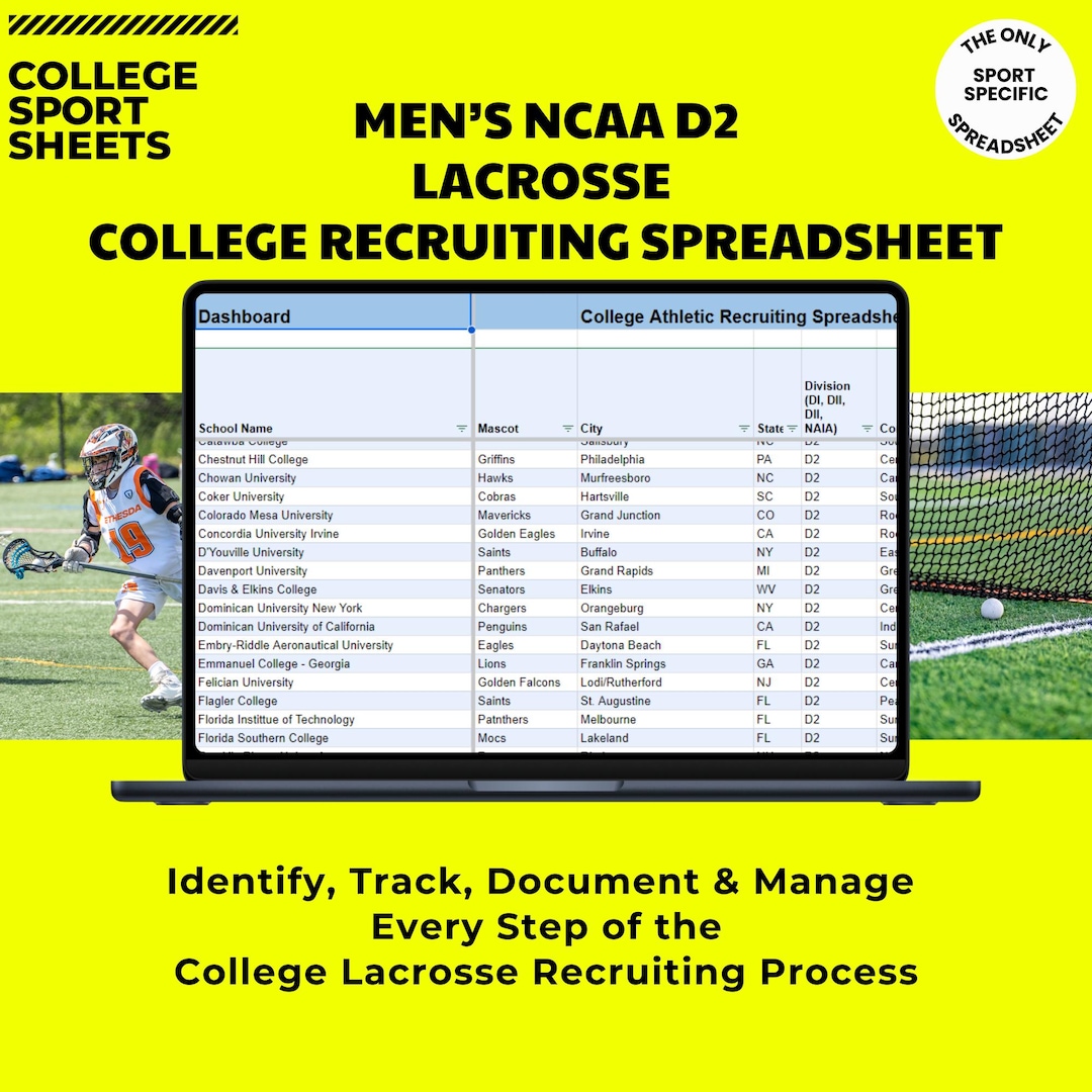 NCAA D2 Men’s Lacrosse College Athlete Sports Recruit Spreadsheet With ...