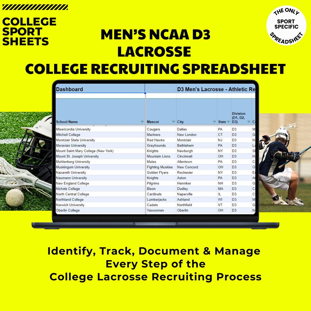 NCAA D3 Men’s Lacrosse College Athlete Sports Recruit Spreadsheet With ...