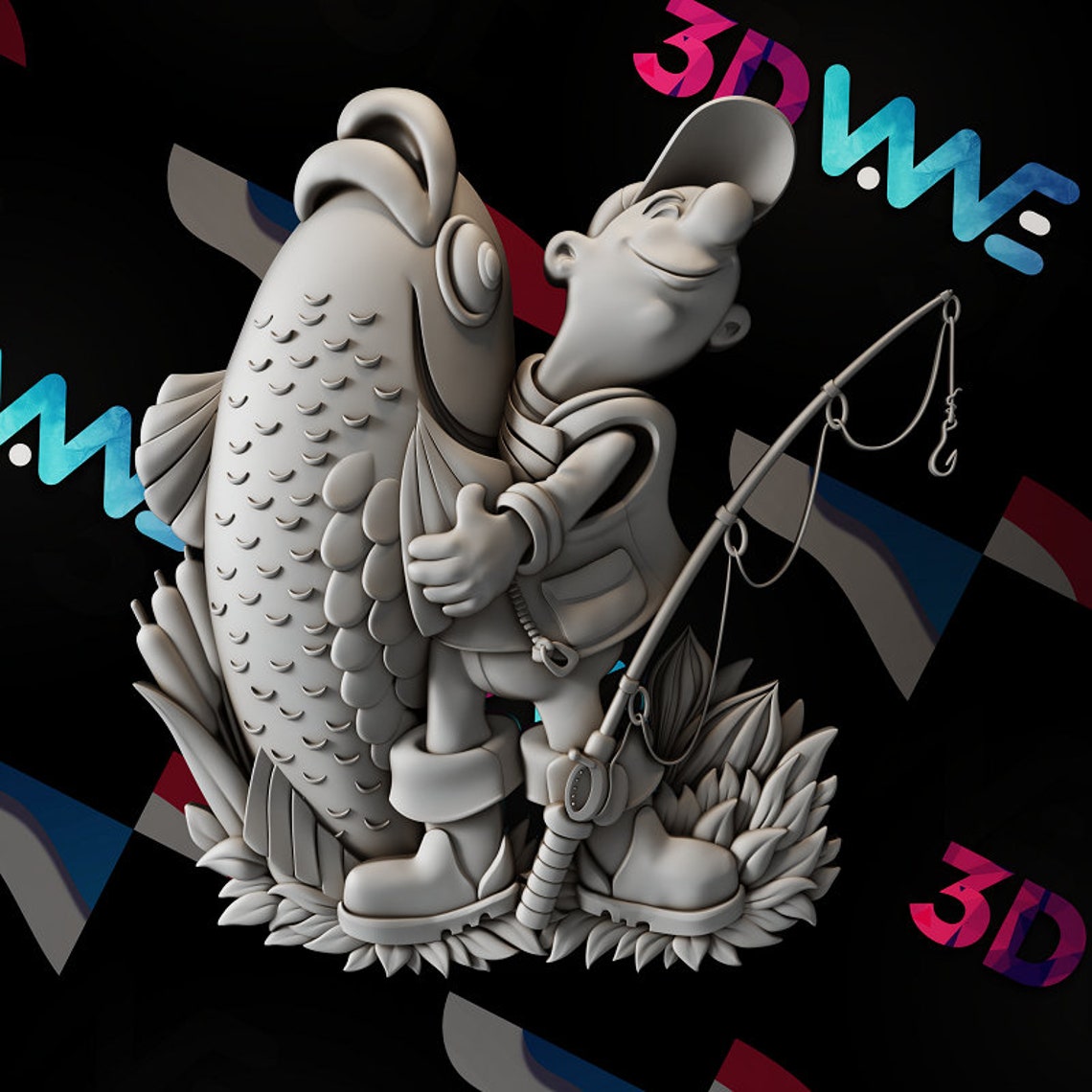 Fisherman Fish Fishing 3d Model STL CNC Files Wall Decor Wood Art Home ...