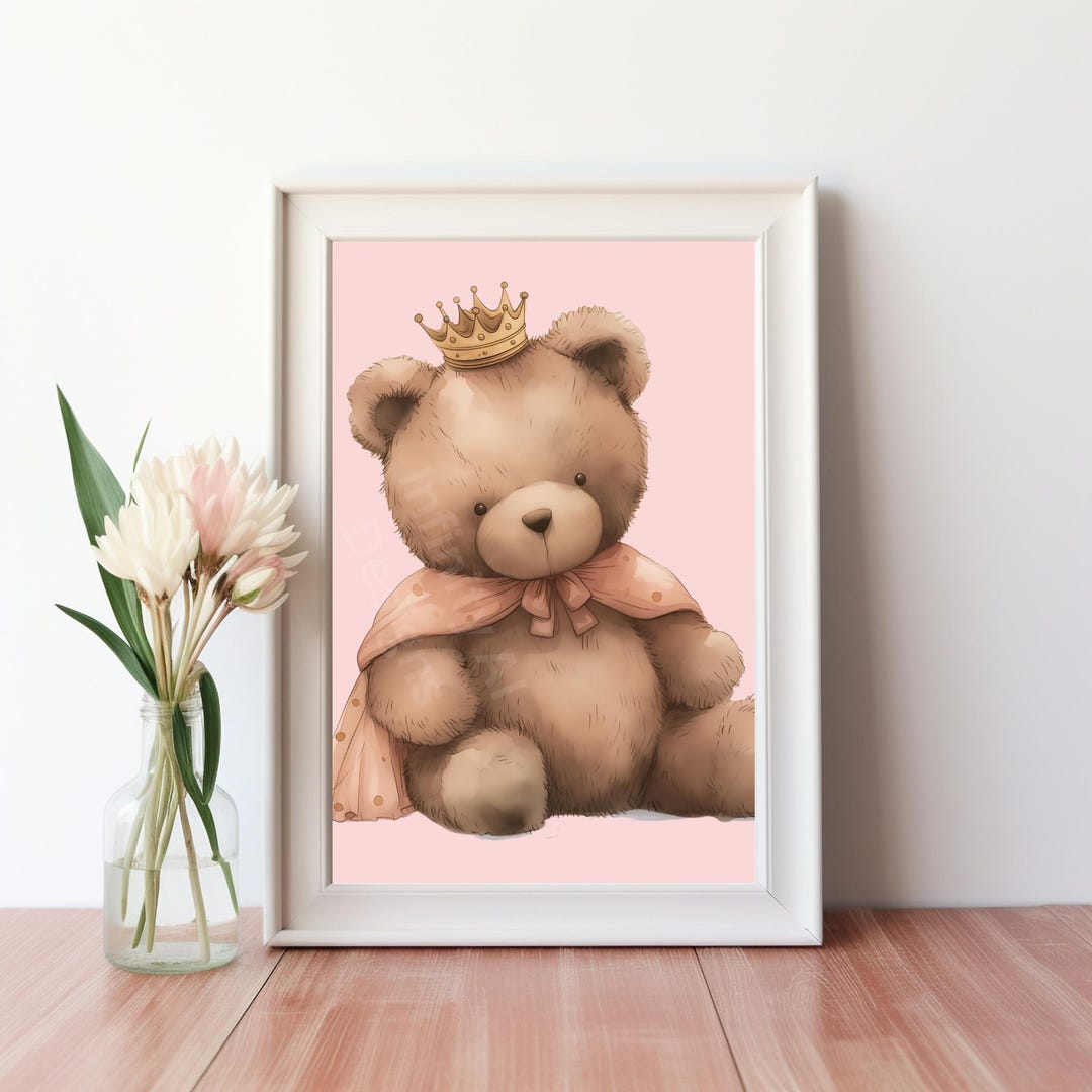 Royal Teddy Bear Nursery AI Art Digital Print Cute Baby Room Wall Décor ...
