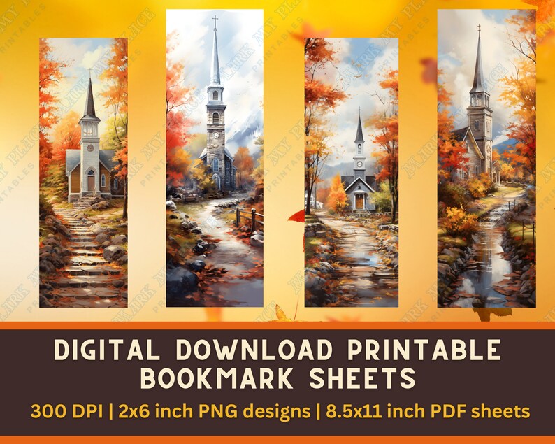 Autumn Churches Printable Bookmarks PNG Bundle | Christian Bookmark ...