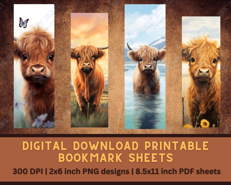 Cute Highland Cow Printable Bookmark PNG Bundle | Farm Animal Bookmark ...