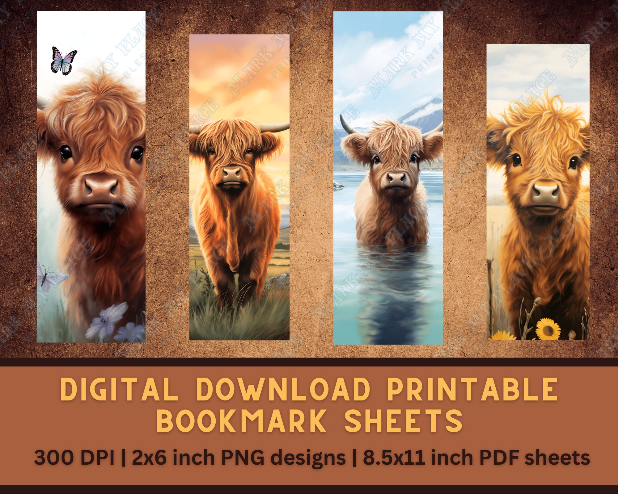 Cute Highland Cow Printable Bookmark PNG Bundle | Farm Animal Bookmark ...