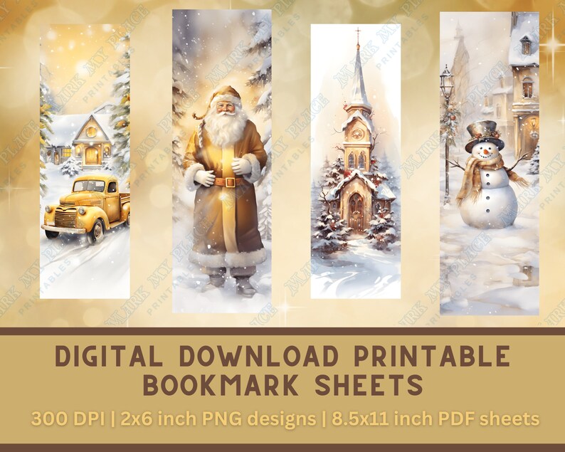 Gold Christmas Printable Bookmarks PNG Bundle | Beautiful Bookmark ...