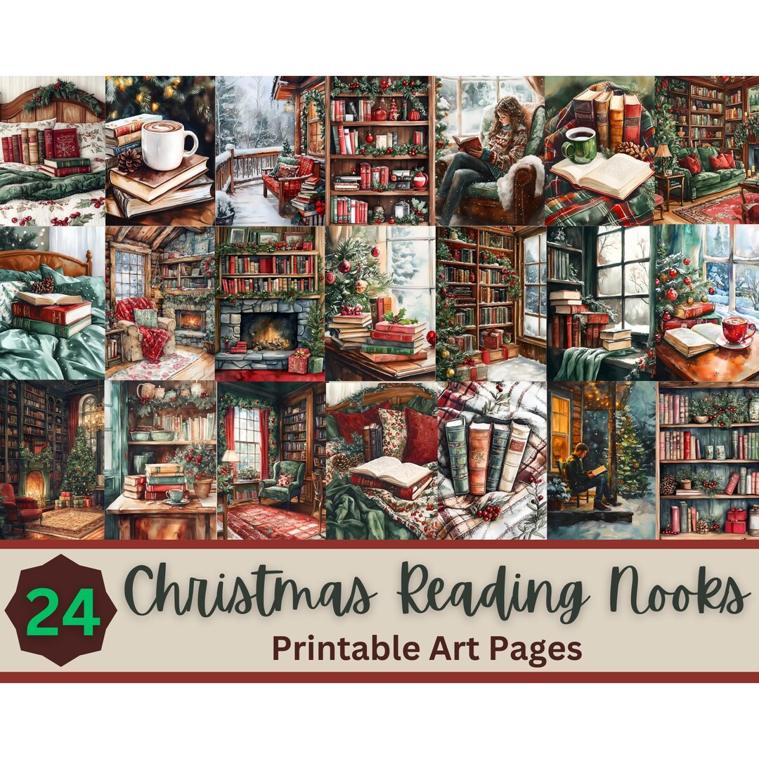 Cozy Christmas Reading Nook Prints | Holiday Wall Art | Scrapbook Paper ...