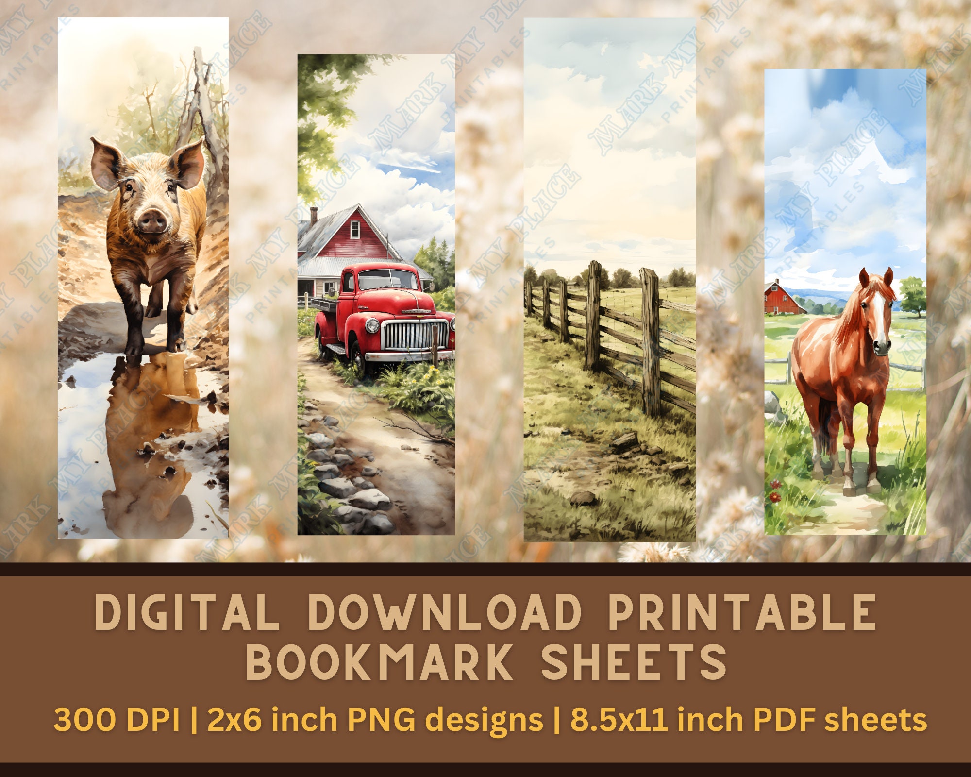 Rustic Country Printable Bookmark PNG Bundle | Farm Animal Bookmark ...