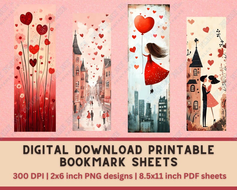 Whimsical Valentine's Day Printable Bookmarks Bundle, Cute Romantic ...