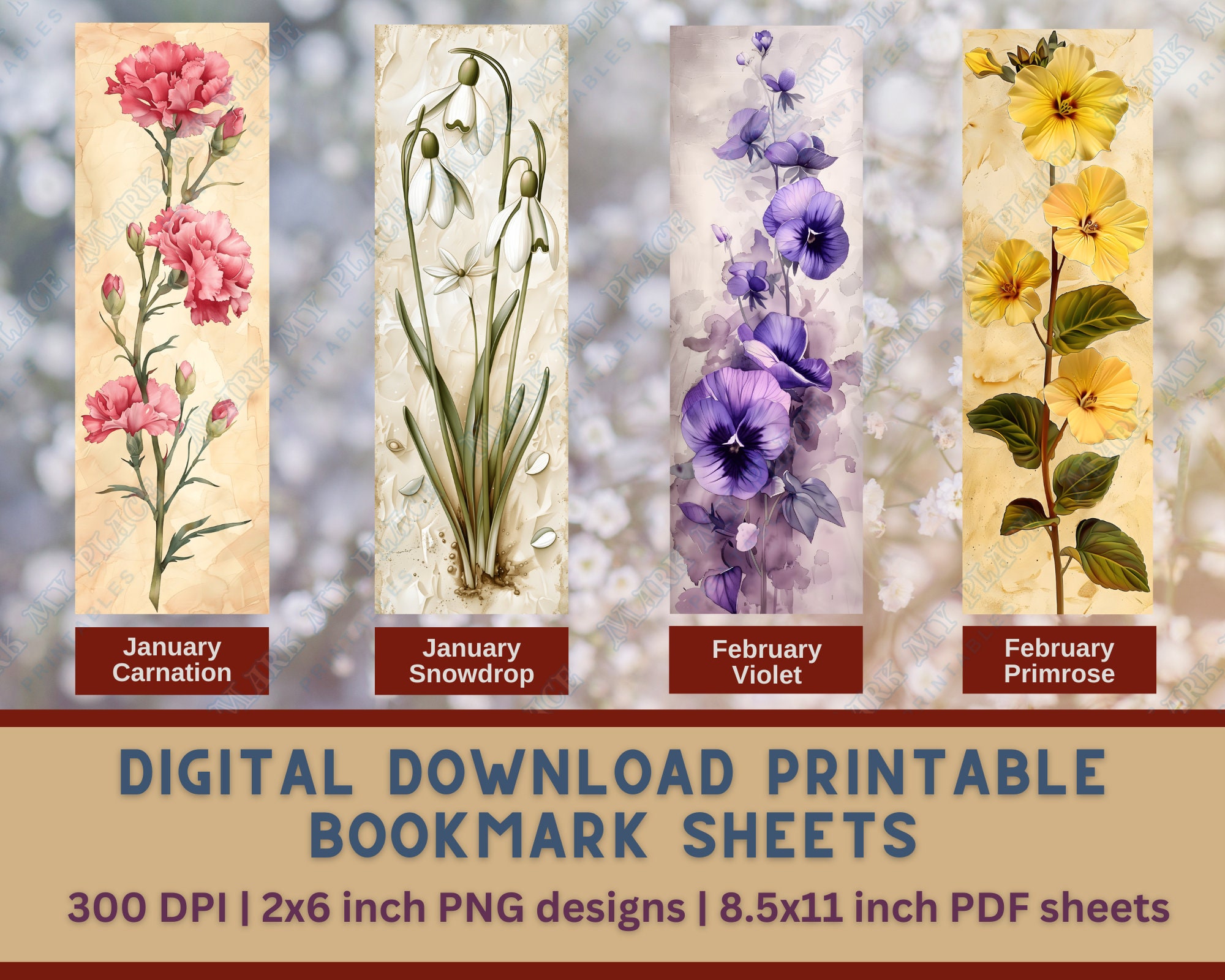 Birth Flower Printable Bookmarks PNG Bundle | Floral Bookmark | Nature ...