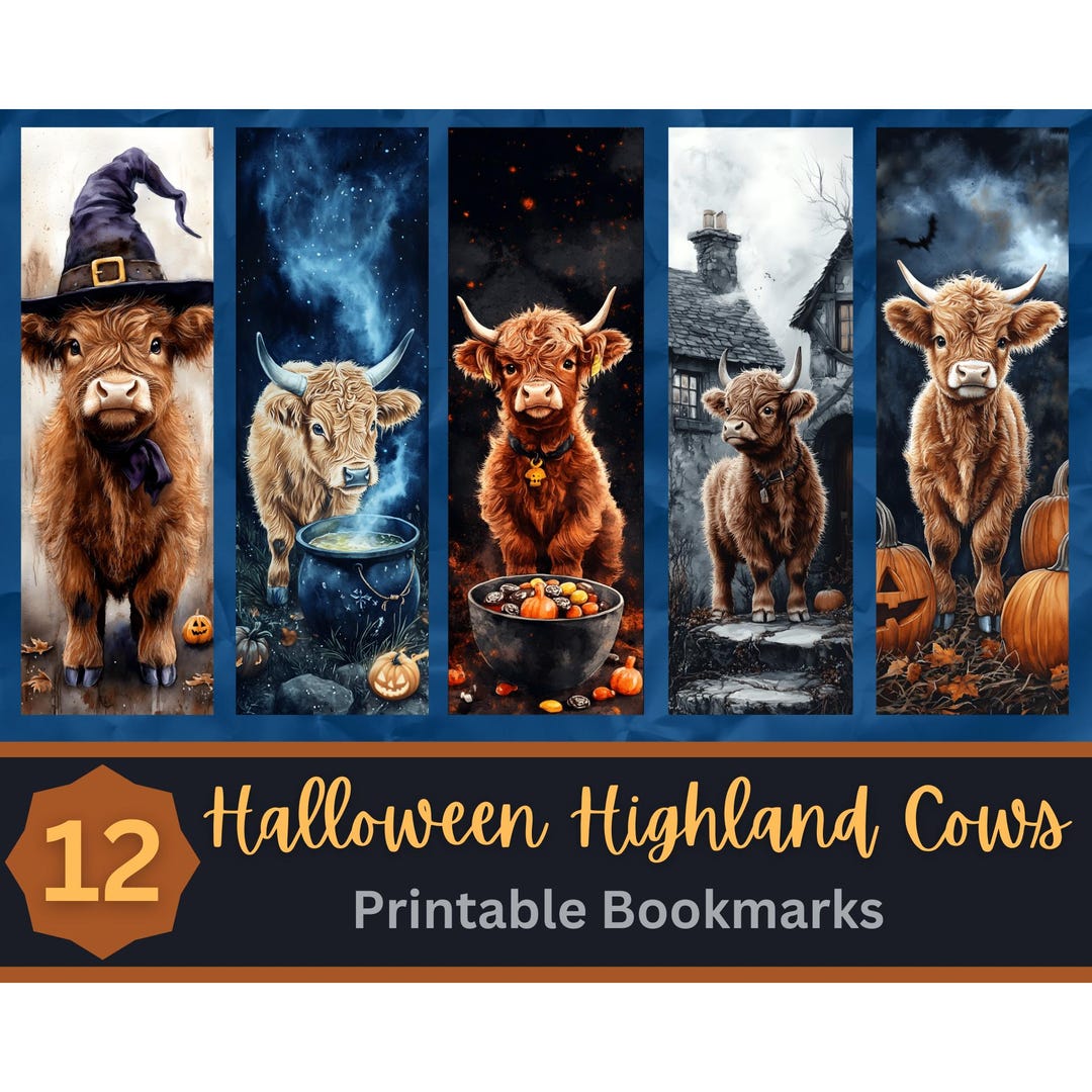 Halloween Highland Cow Printable Bookmark Bundle | Tall Skinny Art ...