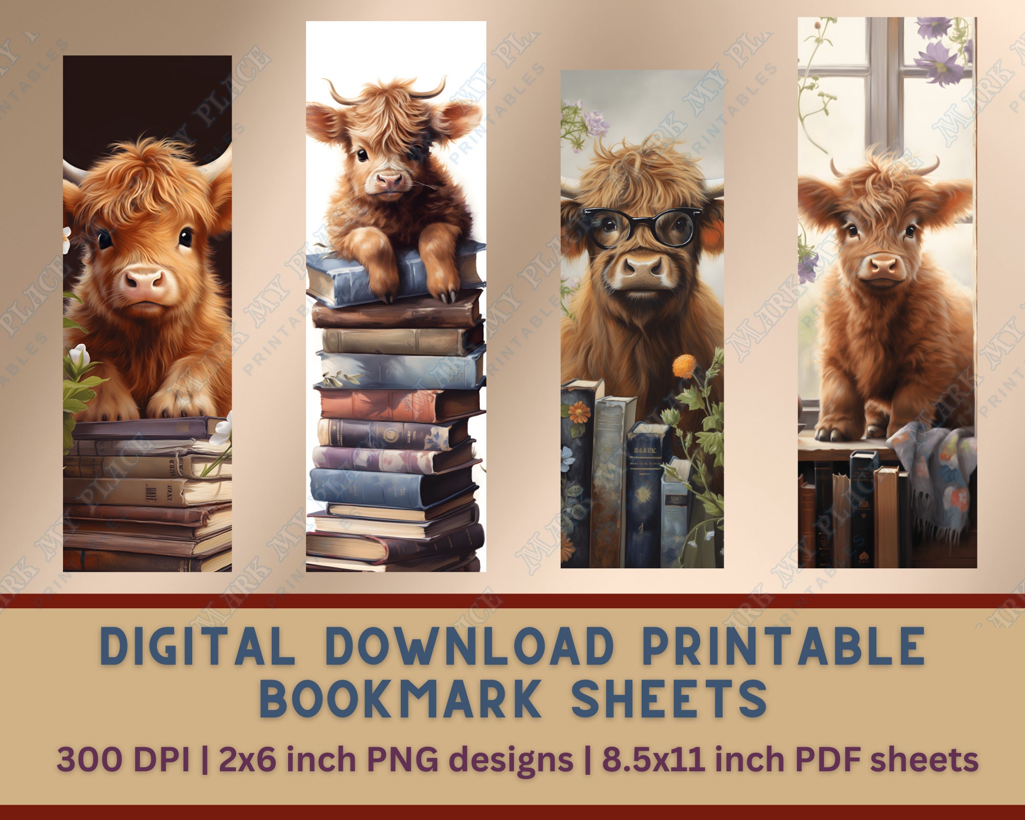 Reading Highland Cow Printable Bookmark PNG Bundle | Animal Bookmark ...