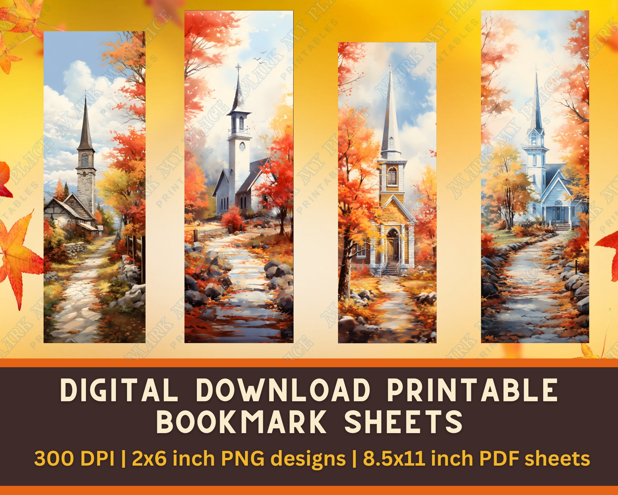 Autumn Churches Printable Bookmarks PNG Bundle | Christian Bookmark ...