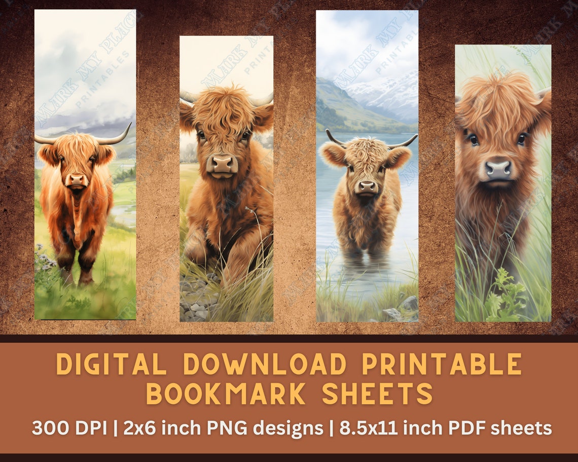 Cute Highland Cow Printable Bookmark PNG Bundle | Farm Animal Bookmark ...