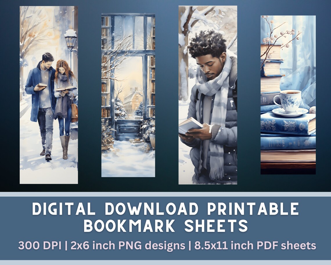 Blue Winter Reading Printable Bookmark PNG Bundle | Winter Bookmark ...