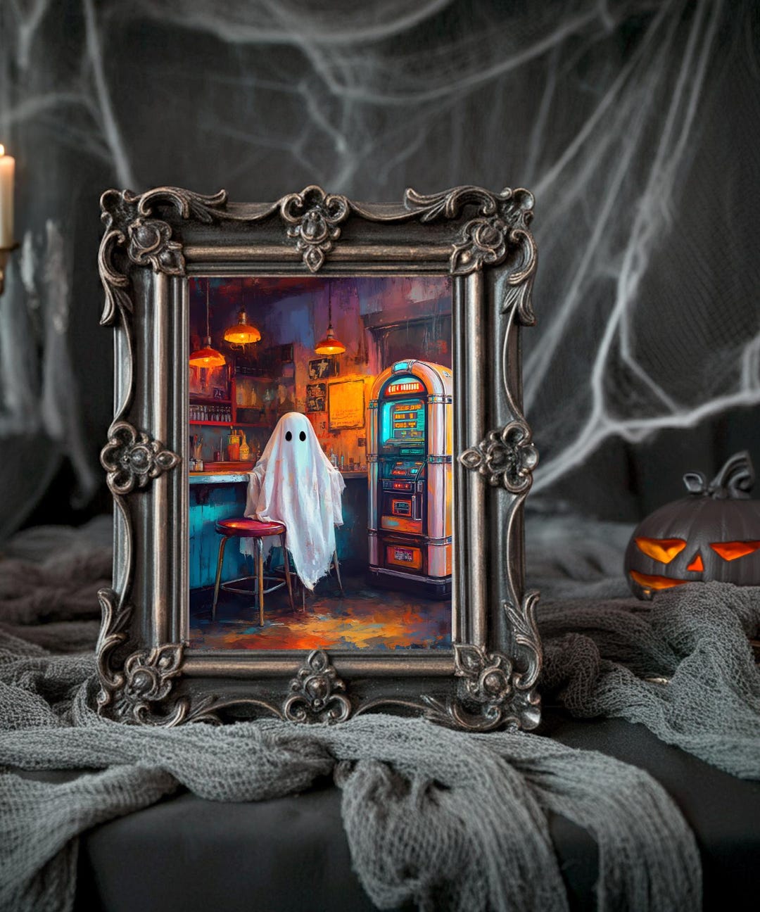 Retro Ghost Playing a Jukebox Halloween Printable Wall Art | Halloween ...