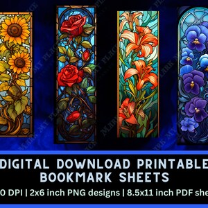 Stained Glass Flower Printable Bookmarks PNG Bundle | Flower Bookmark ...