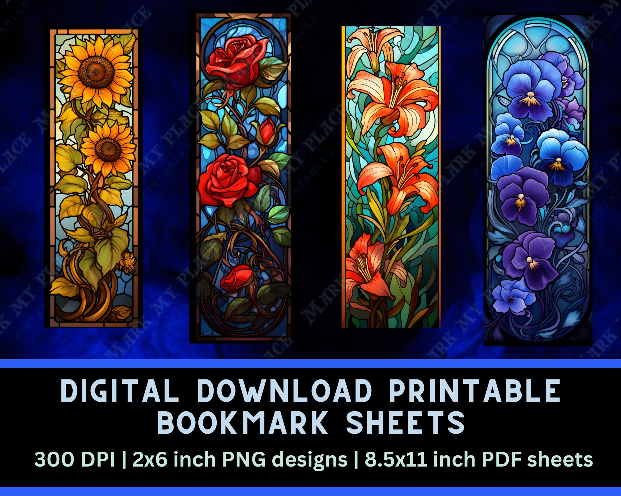 Stained Glass Flower Printable Bookmarks PNG Bundle | Flower Bookmark ...