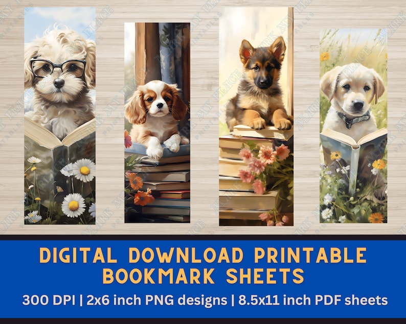 Dogs and Books Printable Bookmark PNG Bundle | Dog Bookmark Sublimation ...