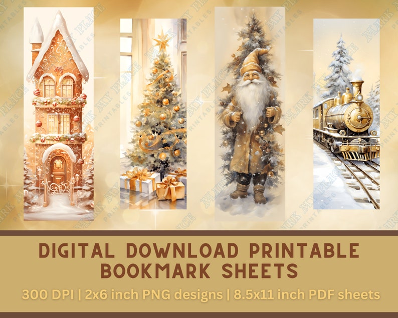 Gold Christmas Printable Bookmarks PNG Bundle | Beautiful Bookmark ...