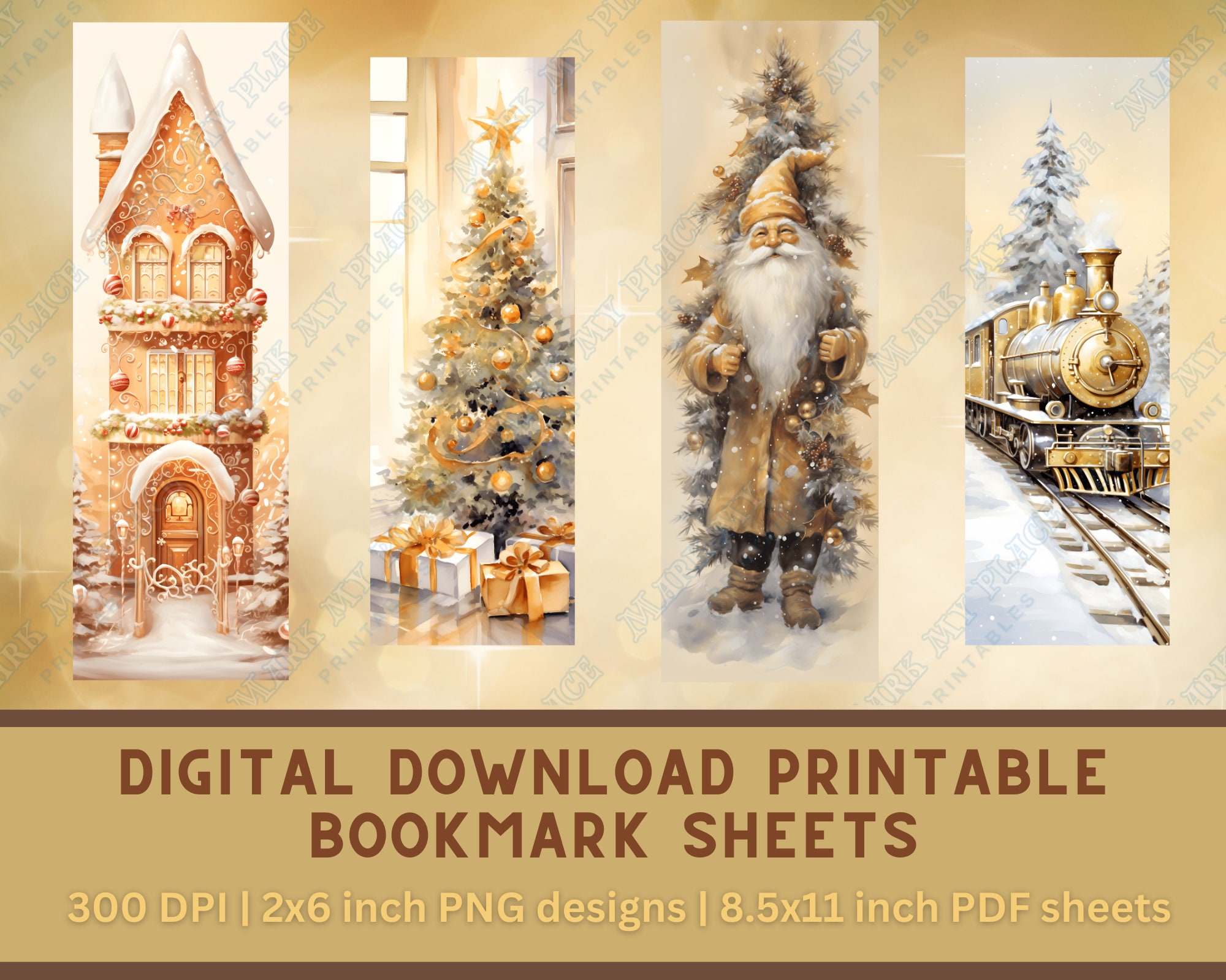 Gold Christmas Printable Bookmarks PNG Bundle | Beautiful Bookmark ...