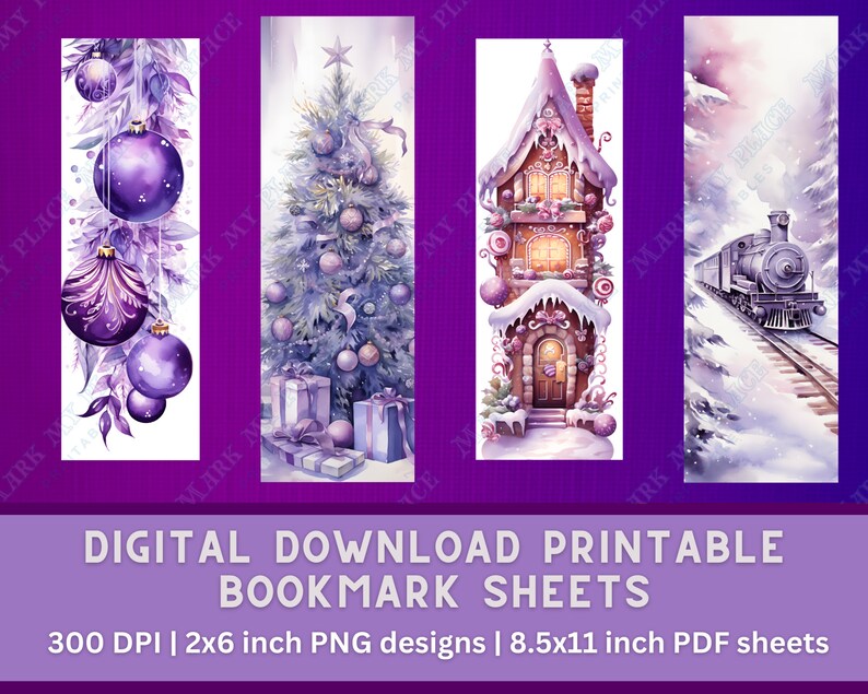 Purple Christmas Printable Bookmarks PNG Bundle | Beautiful Bookmark ...