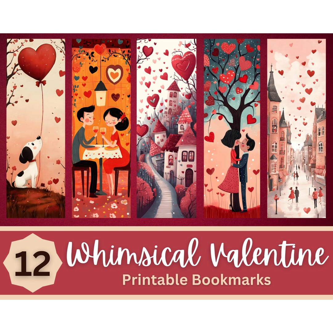 Whimsical Valentine's Day Printable Bookmarks Bundle, Cute Romantic ...