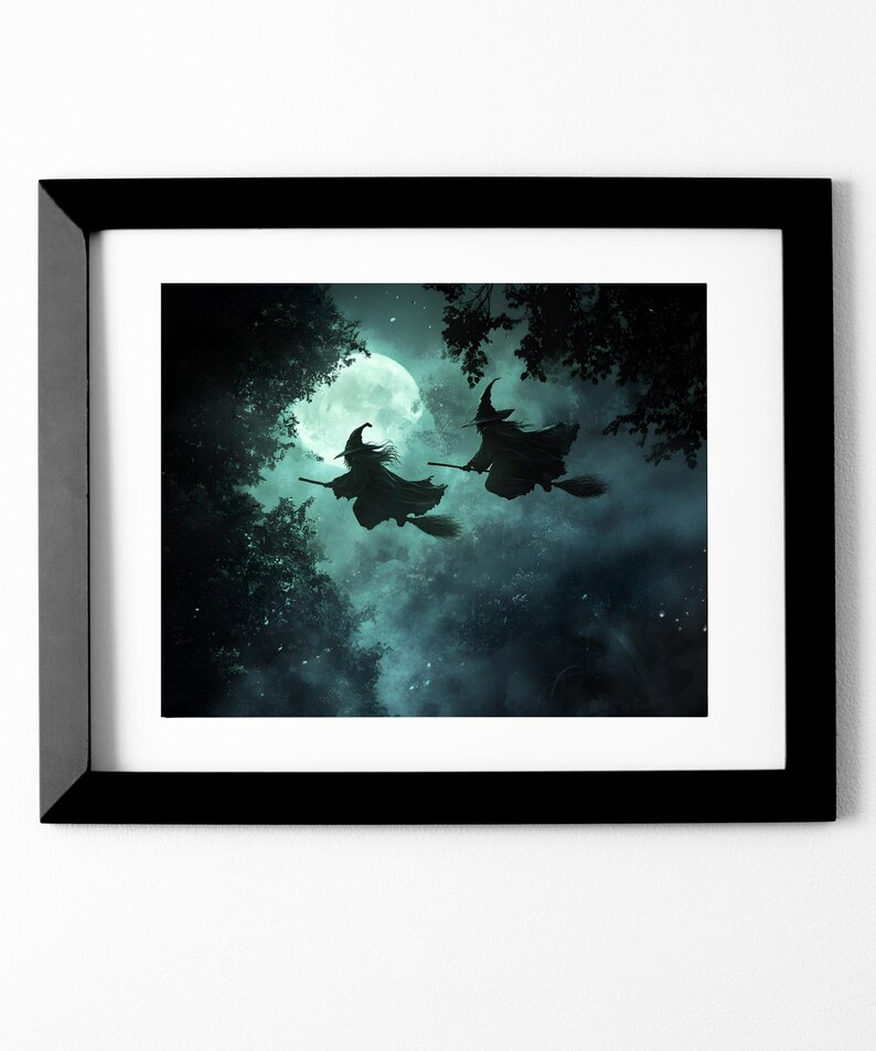 Two Flying Witches on Brooms Printable Maximalist Halloween Wall Art ...