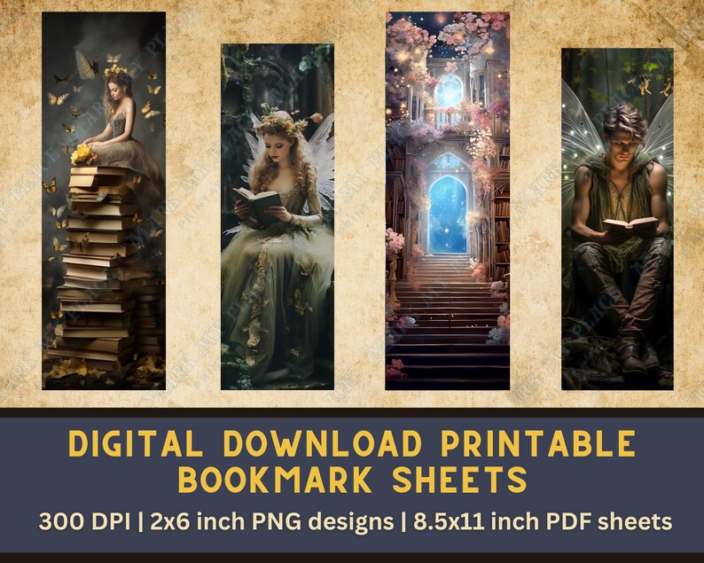 Book Fairy Printable Bookmarks PNG Bundle | Reading Fairy | Dark ...