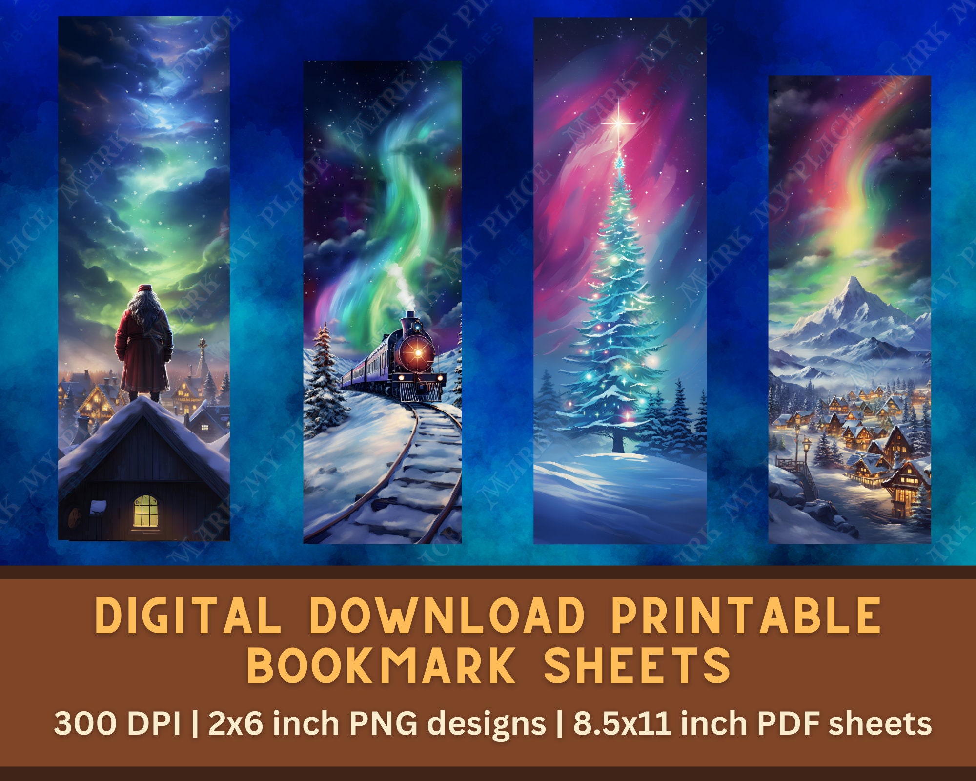 Northern Lights Christmas Printable Bookmark PNG Bundle | Beautiful ...