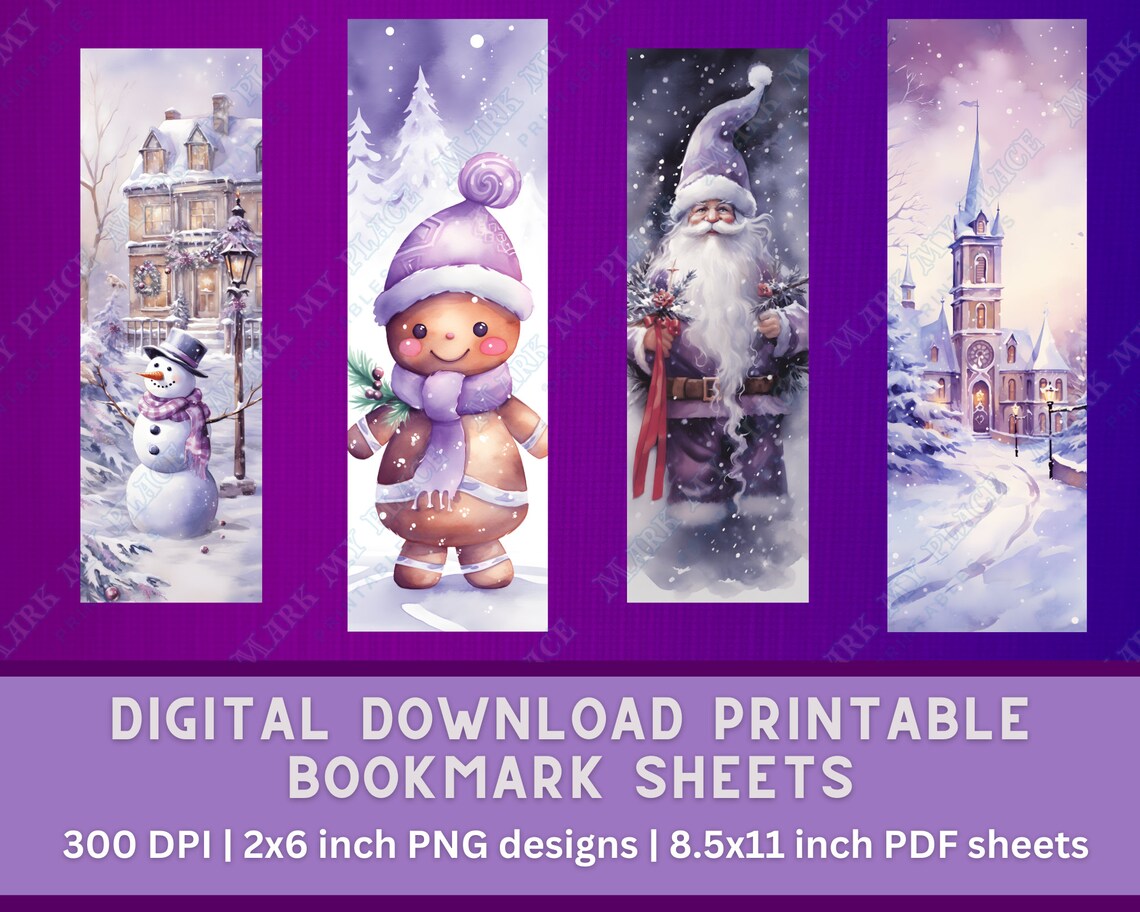 Purple Christmas Printable Bookmarks PNG Bundle | Beautiful Bookmark ...
