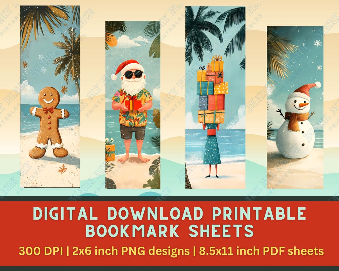 Tropical Christmas Printable Bookmarks PNG Bundle | Hawaiian Christmas ...