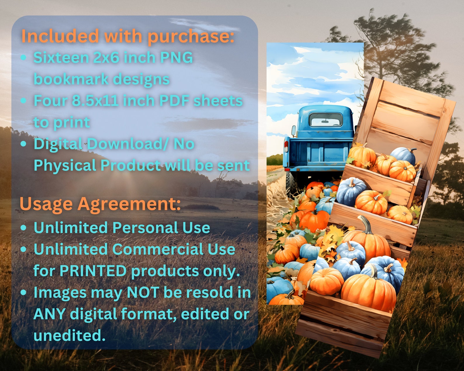 Blue Pumpkin Printable Bookmark Bundle Fall Bookmark Sublimation Print ...
