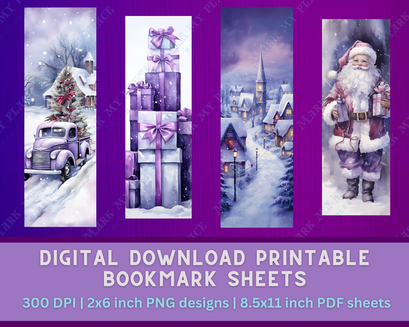 Purple Christmas Printable Bookmarks PNG Bundle | Beautiful Bookmark ...