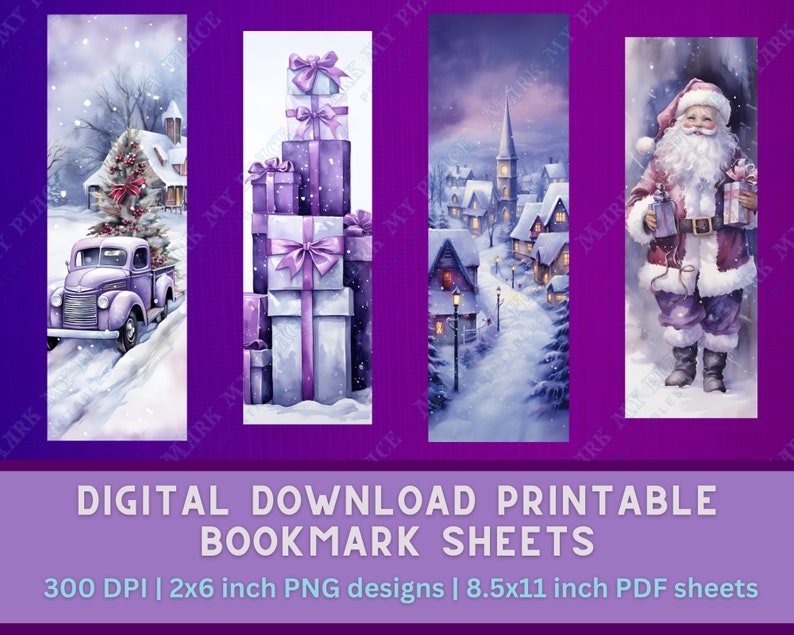 Purple Christmas Printable Bookmarks PNG Bundle | Beautiful Bookmark ...