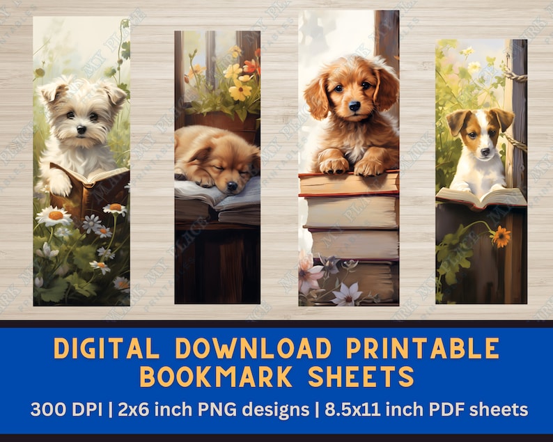Dogs and Books Printable Bookmark PNG Bundle | Dog Bookmark Sublimation ...