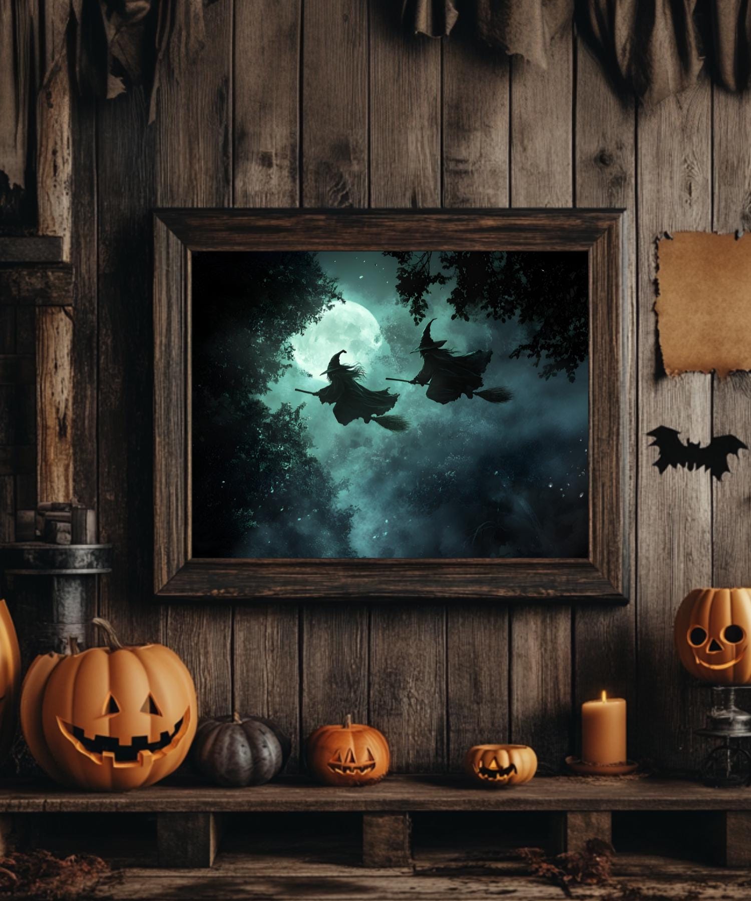 Two Flying Witches on Brooms Printable Maximalist Halloween Wall Art ...