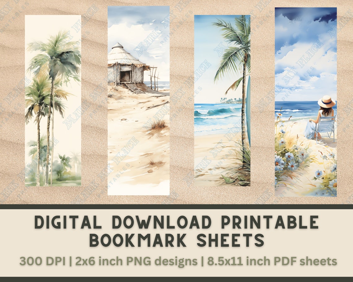 Bohemian Beach Printable Bookmarks PNG Bundle Beach Bookmark Muted ...