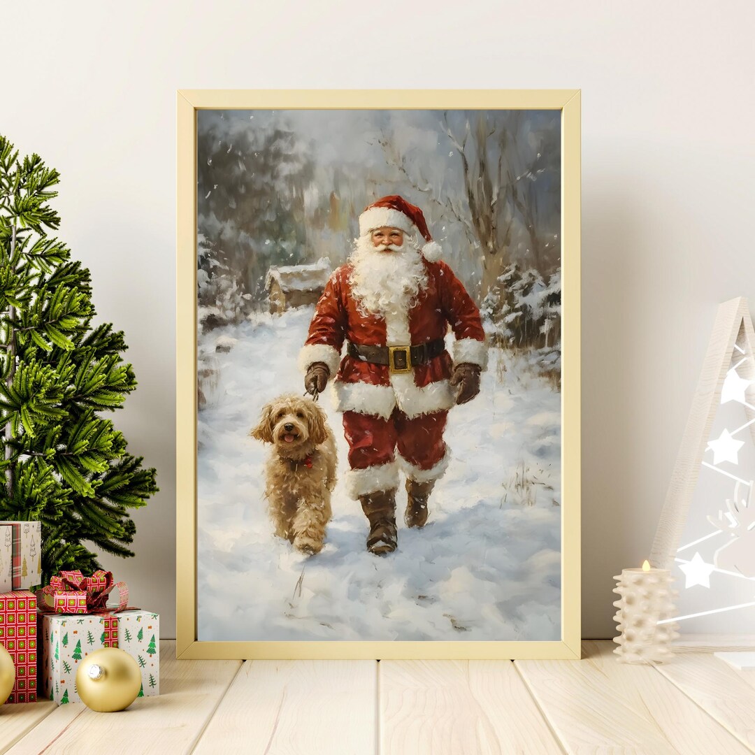 Santa and Dog Christmas Wall Art | Country Christmas Goldendoodle Decor ...